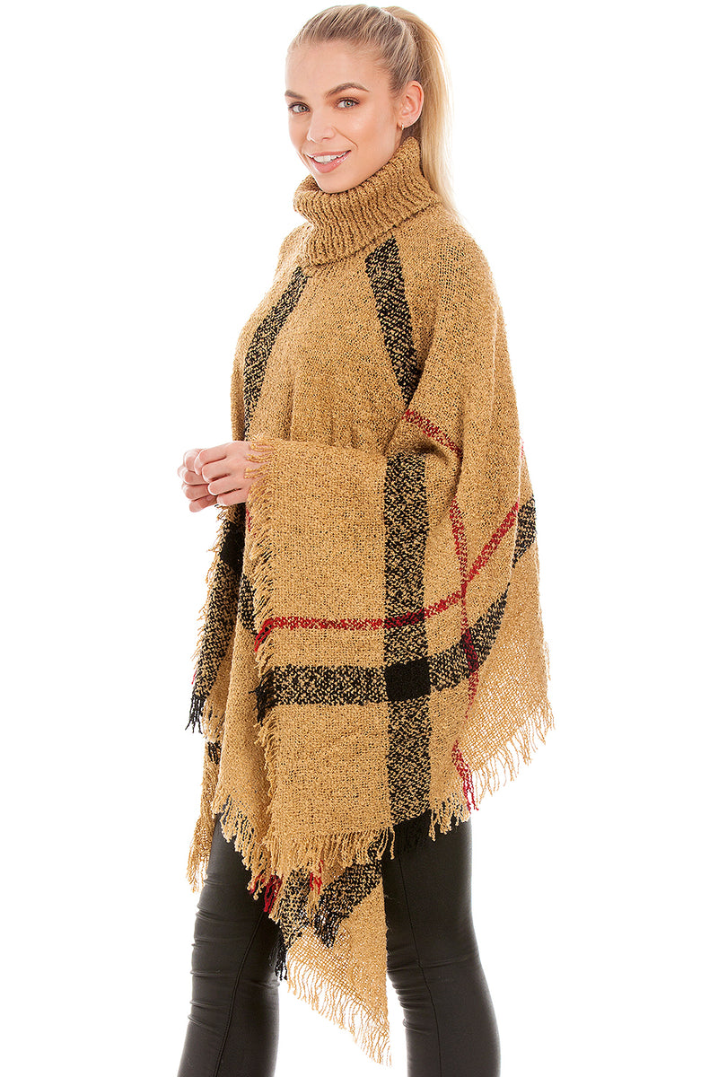 Tartan High Neck Large Poncho In Camel – Central Chic